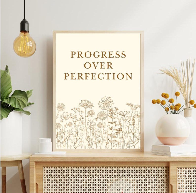 Progress Over Perfection Print, Neutral Boho Floral Quote Wall Art ...
