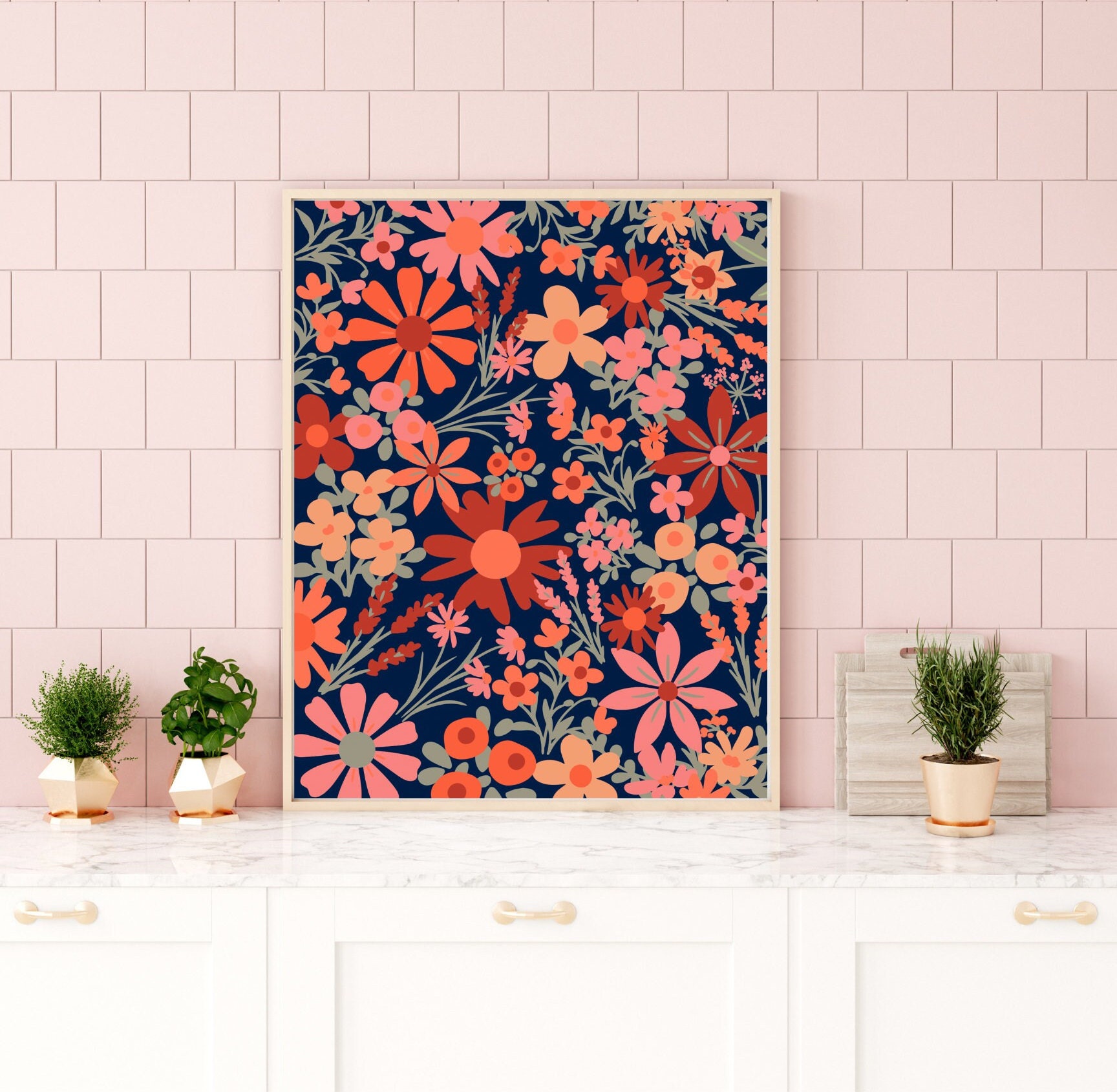 Dark Floral Print, Flower Wall Decor, Retro Flower Girl Print, Flower ...
