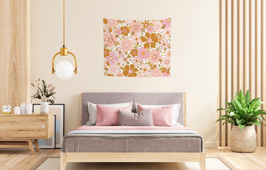 Pink Flower Tapestry, Retro Flower Wall Decor, College Apartment Dorm ...