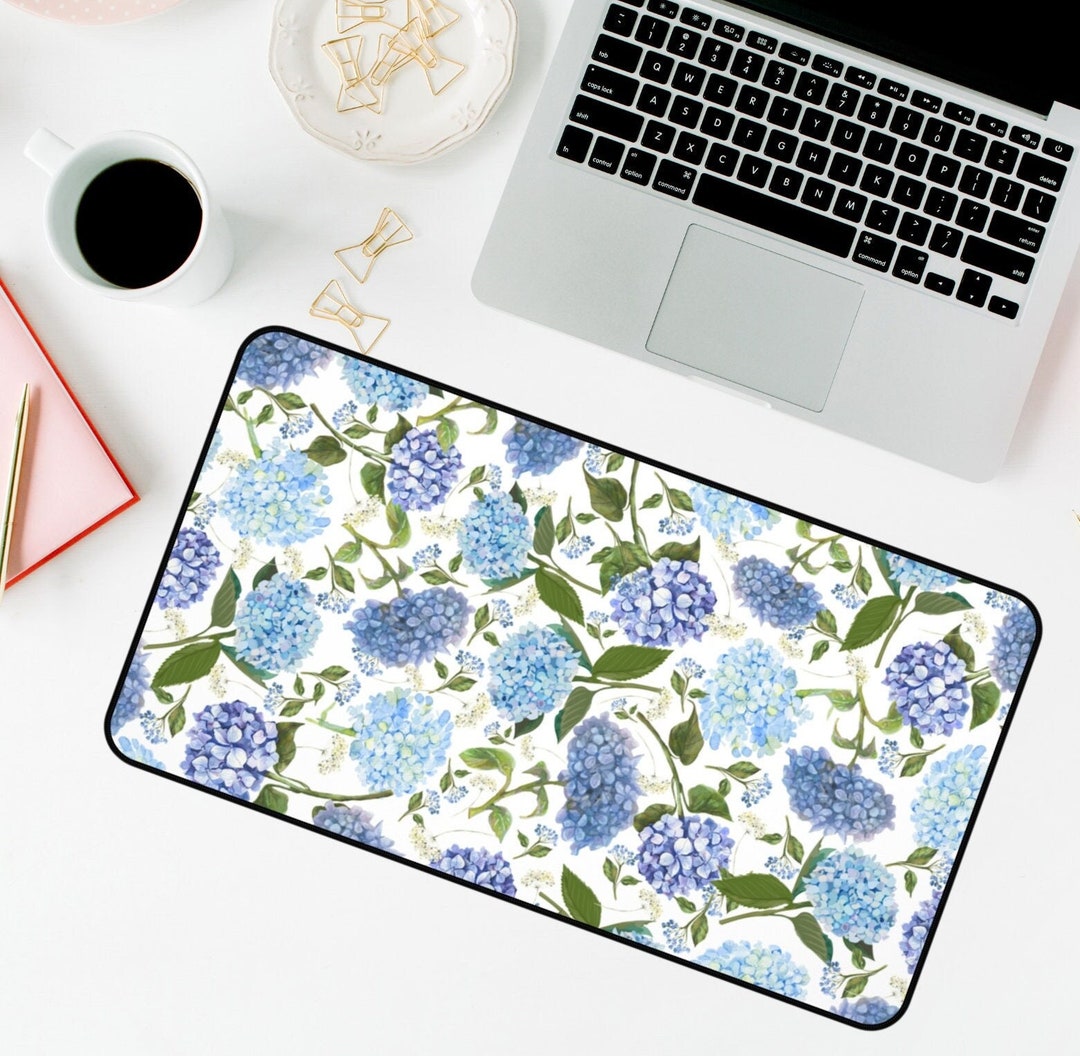 Hydrangea Desk Mat, Floral Blue Desk Pad, Blue White Flowers Desk Mat ...