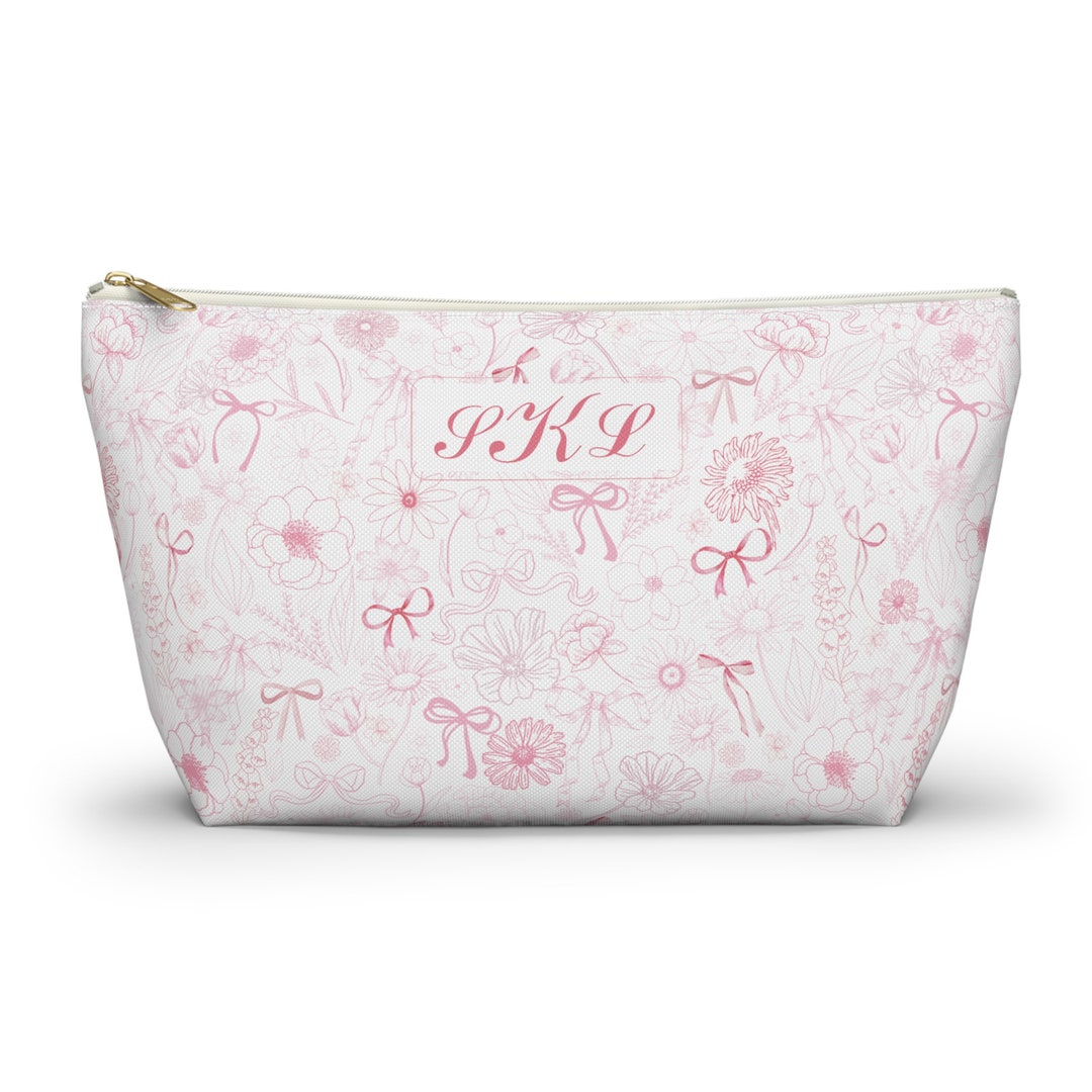 Pink Monogram Makeup Bag, Bows Initial Cosmetic Bag, Coquette Toiletry ...