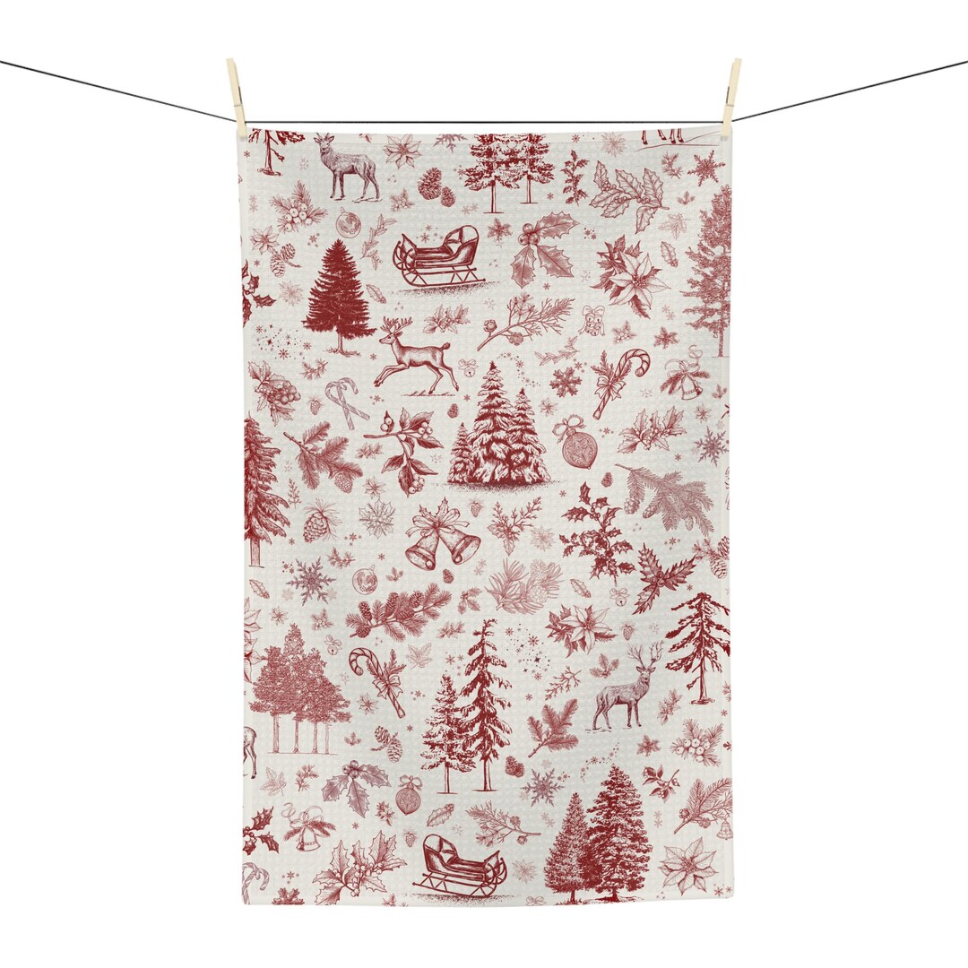 Christmas Tea Towels, Red Chinoiserie Vintage Christmas Kitchen Towels ...