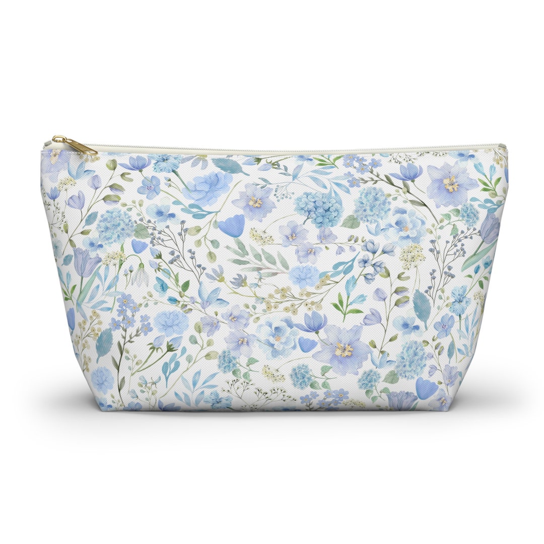 Flower Blue Makeup Bag, Floral Blue Toiletry Bag, Light Blue Cosmetic ...