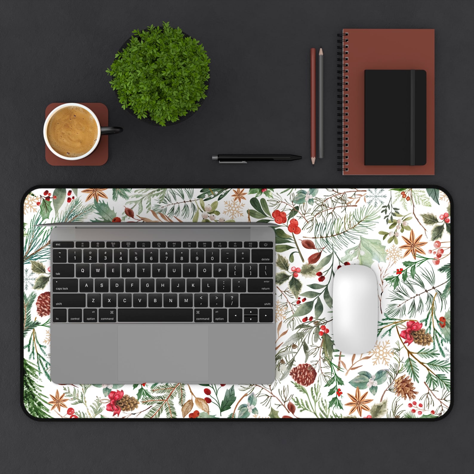 Winter Desk Mat, Christmas Botanical Desk Mat, Winter Desk Decor, Holly ...