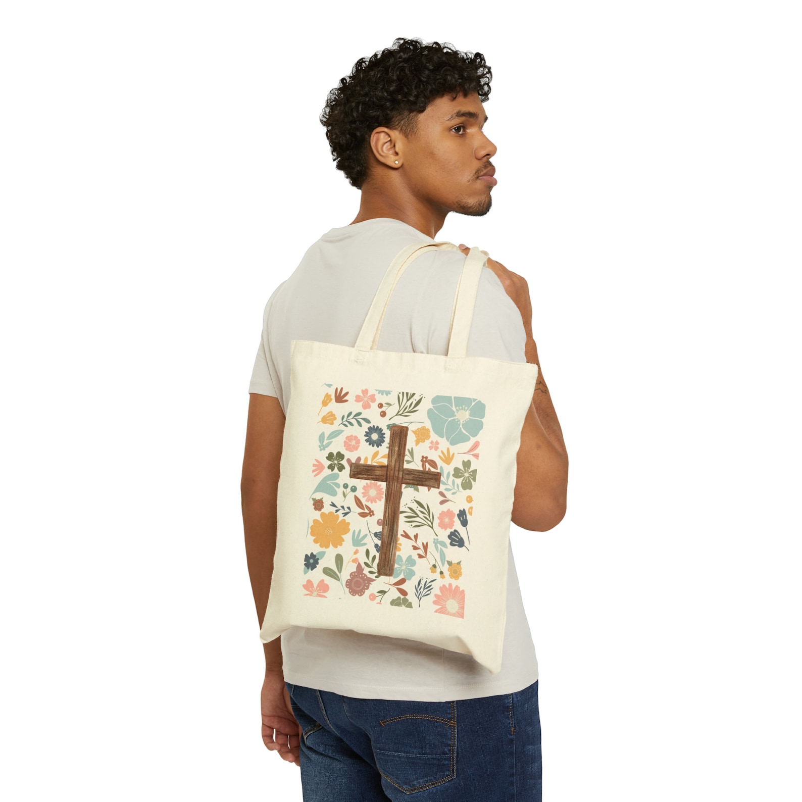 Floral Cross Tote Bag, Christian Flower Shoulder Bag, Cross Canvas Tote ...