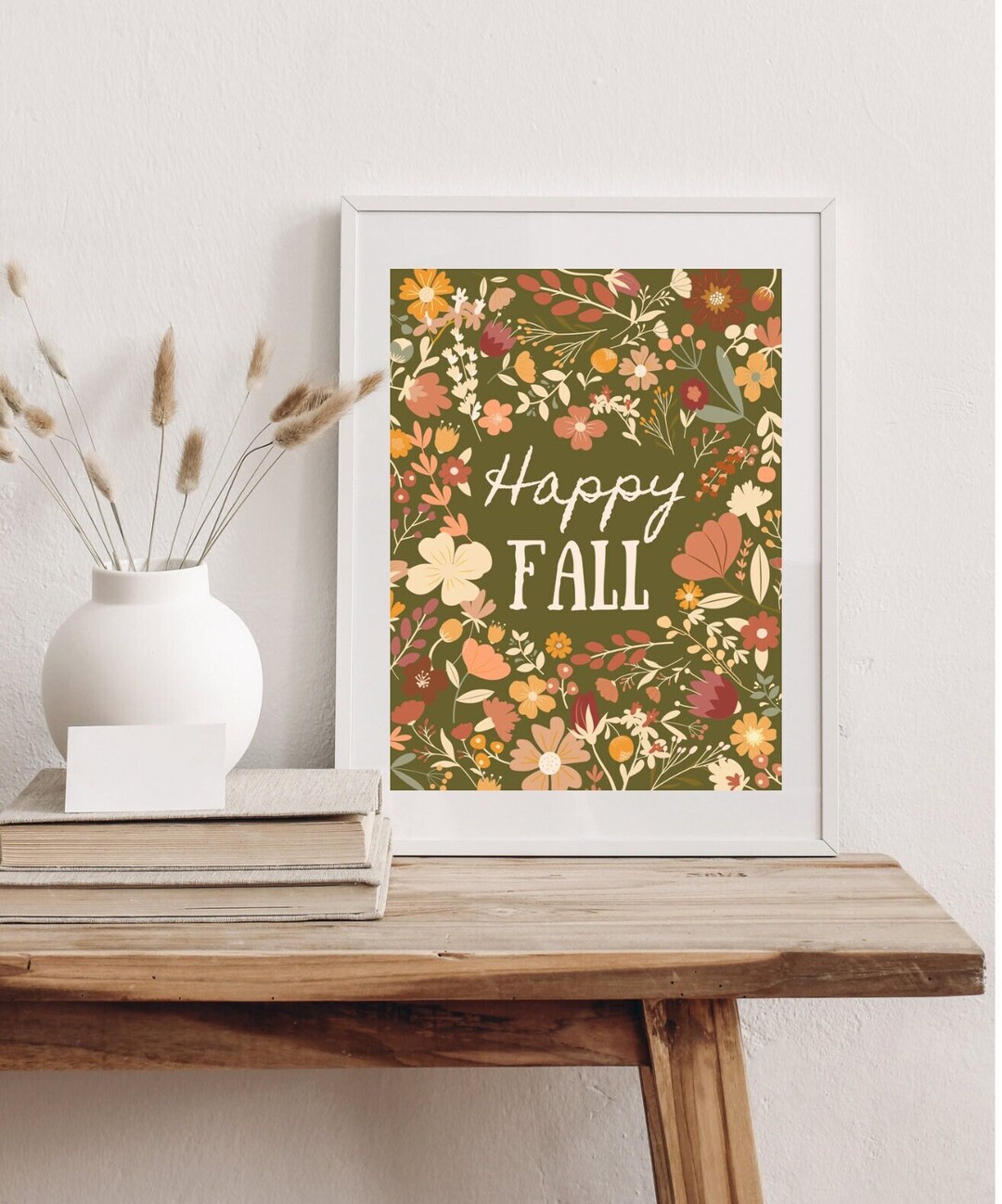 Happy Fall Print, Fall Wall Decor, Green Floral Fall Wall Art, Happy ...