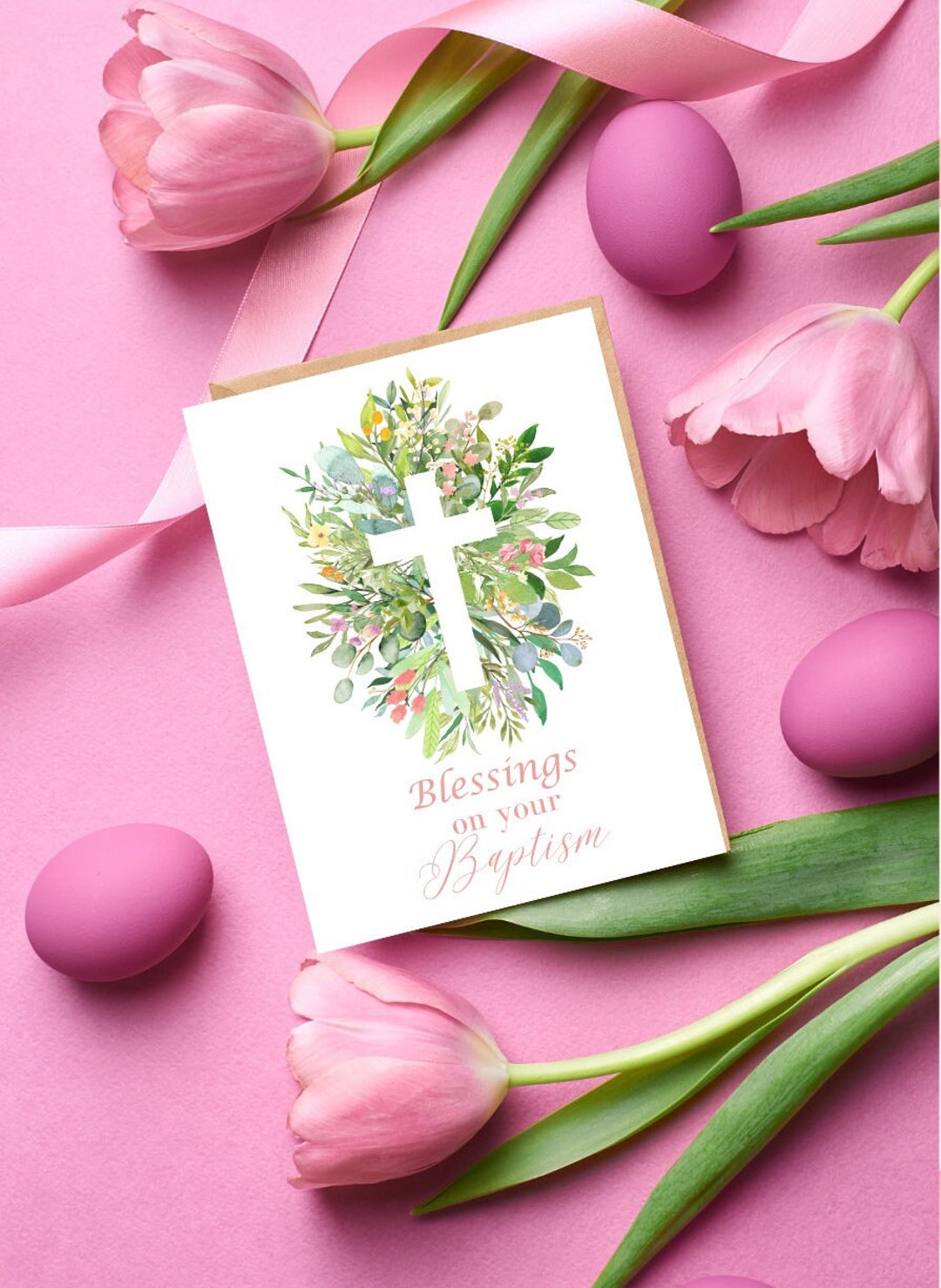 Girls Baptism Card, Floral Cross Baptism Card, Baptism Card for Girl ...