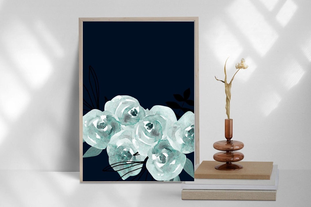 Dark Floral Wall Art, Dark Flower Print,dark Blue Floral Print, Flower ...