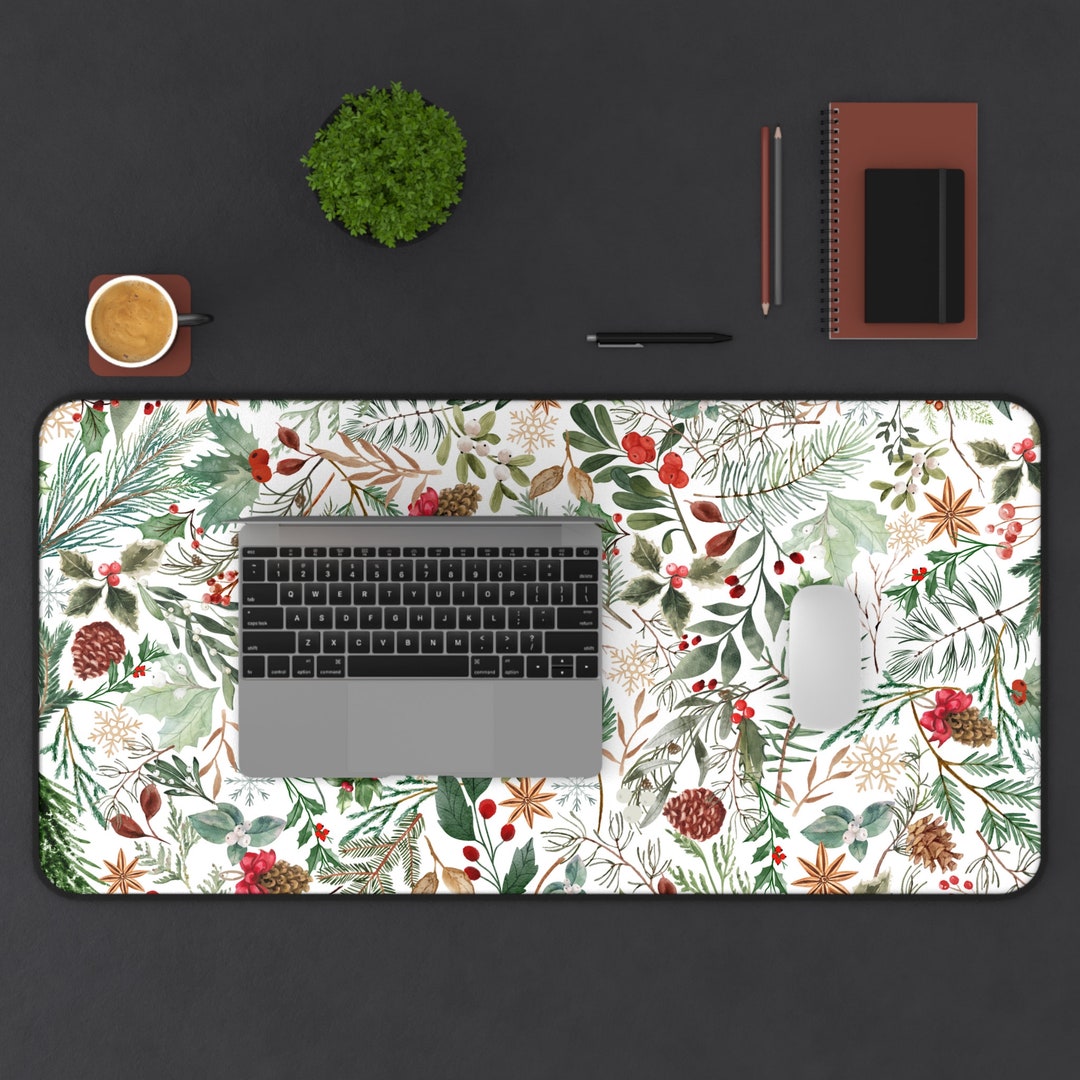 Winter Desk Mat, Christmas Botanical Desk Mat, Winter Desk Decor, Holly ...