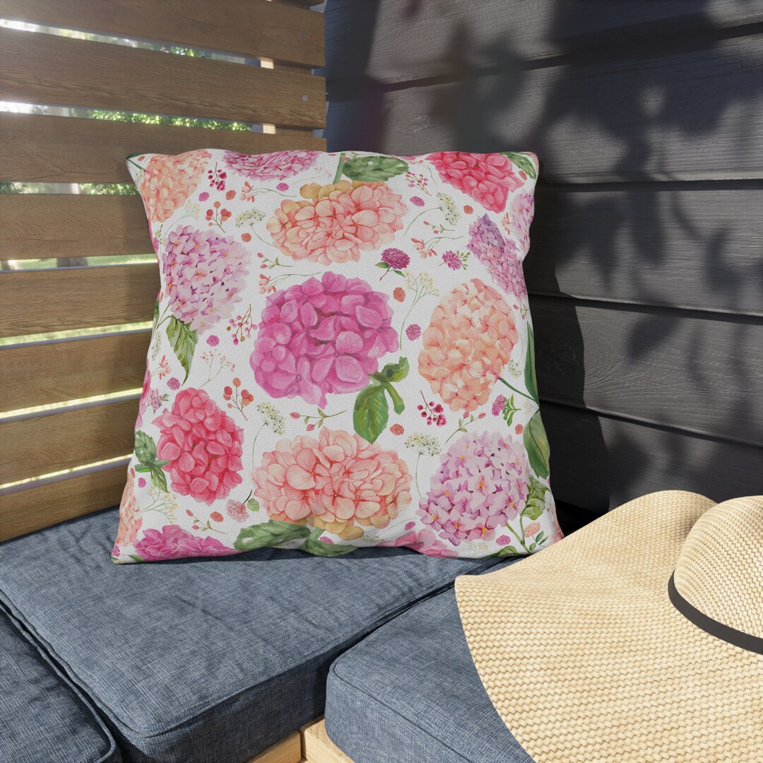 Pink Hydrangea Outdoor Pillows, Hydrangea Porch Decor, Pink Hydrangea ...