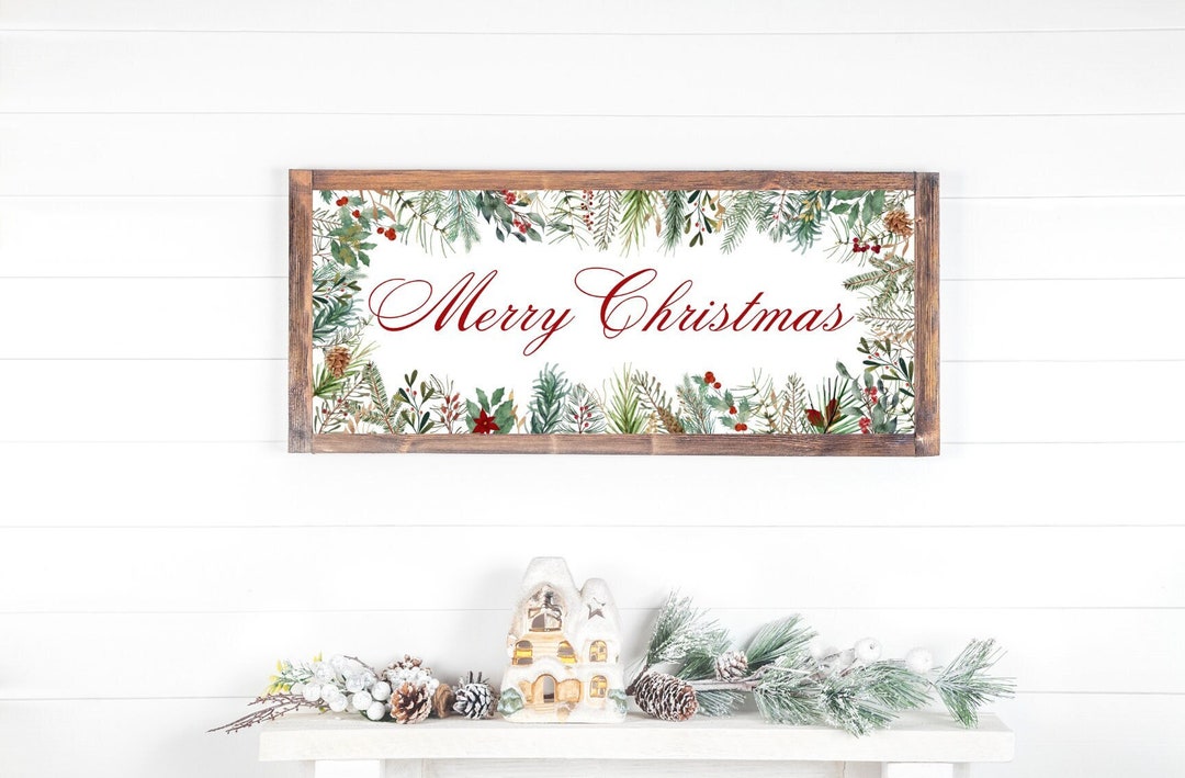 Merry Christmas Sign, Christmas Holly Wall Decor, Christmas Watercolor ...