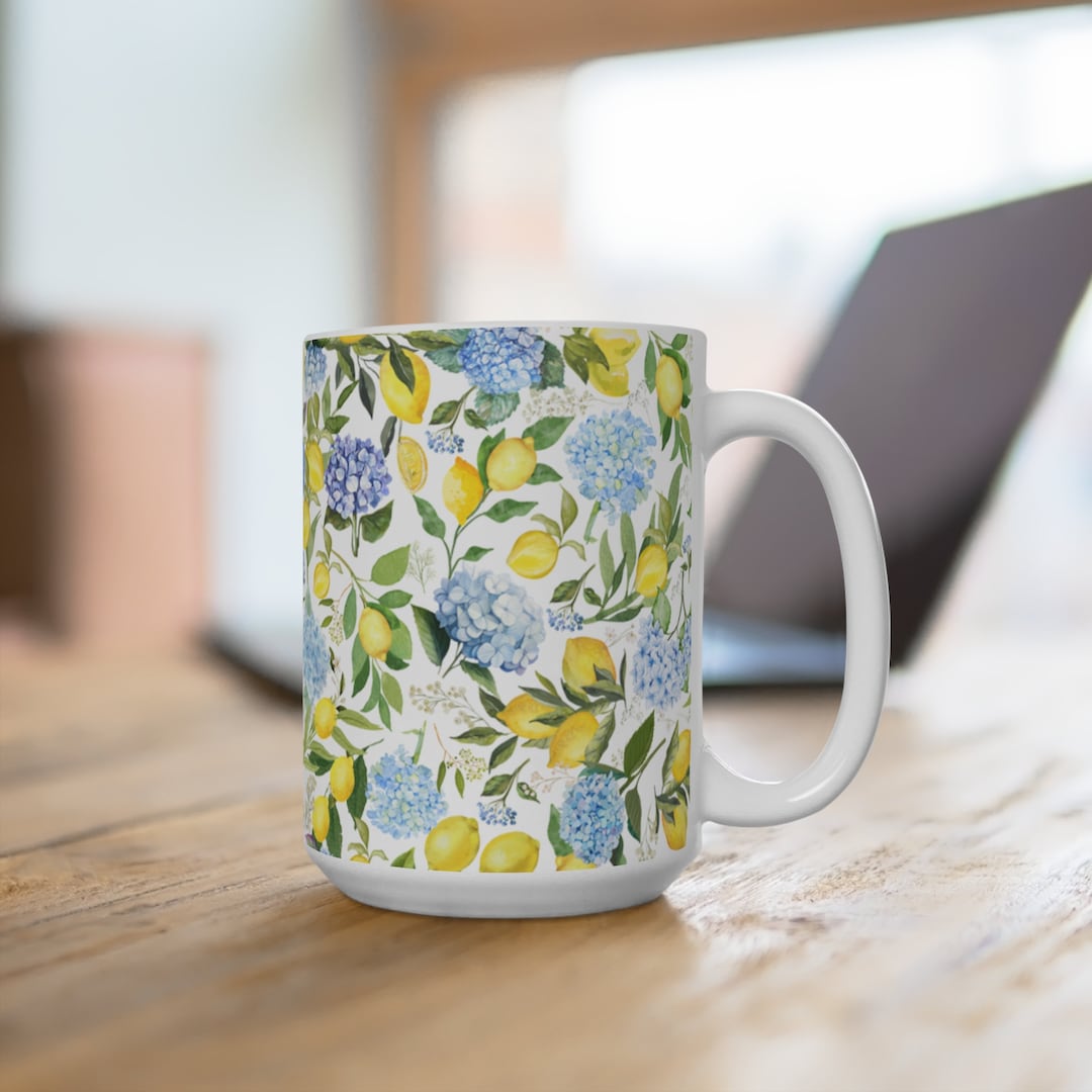 Hydrangea Mug, Lemon Mug, Hydrangea Lemon Mug, Blue Hydrangea Coffee ...