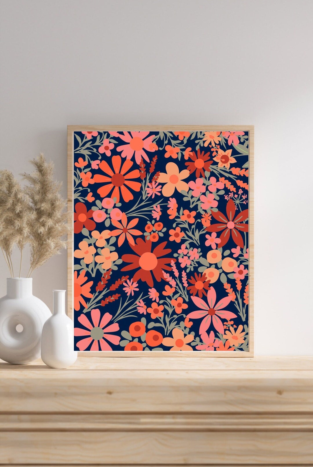 Dark Floral Print, Flower Wall Decor, Retro Flower Girl Print, Flower ...