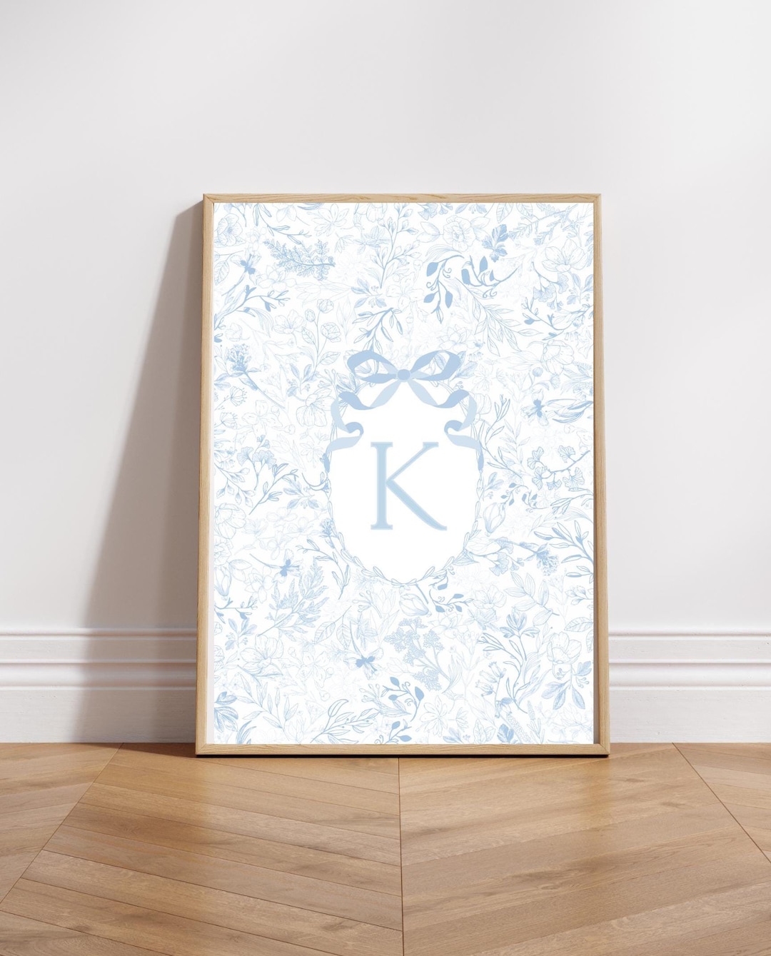 Light Blue Floral Initial Print Customized Blue Chinoiserie Letter Wall ...