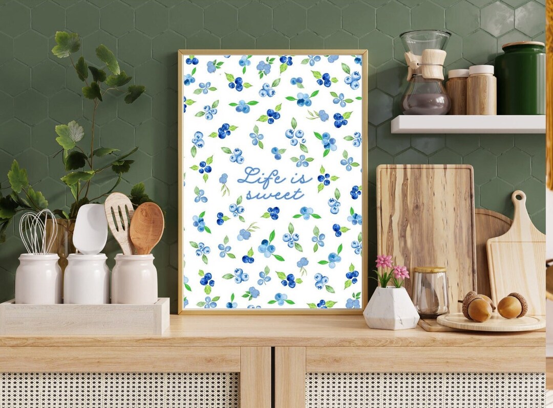 Kitchen Sign, Blueberry Wall Art, Watercolor Blueberries Print, Life is ...