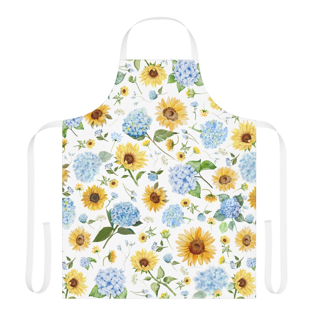 Hydrangea Sunflower Apron, Blue Hydrangea Apron, Summer Floral Apron ...