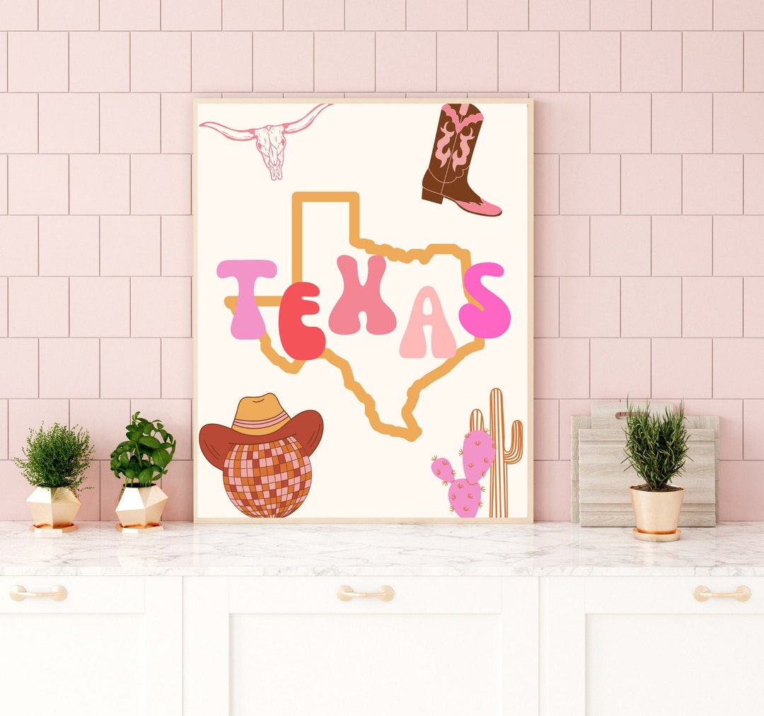 Texas Art, Texas Print, Retro Texas Print, Pink Texas Decor, Texas ...