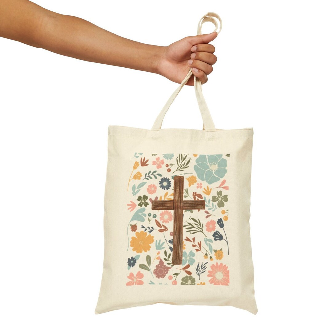 Floral Cross Tote Bag, Christian Flower Shoulder Bag, Cross Canvas Tote ...