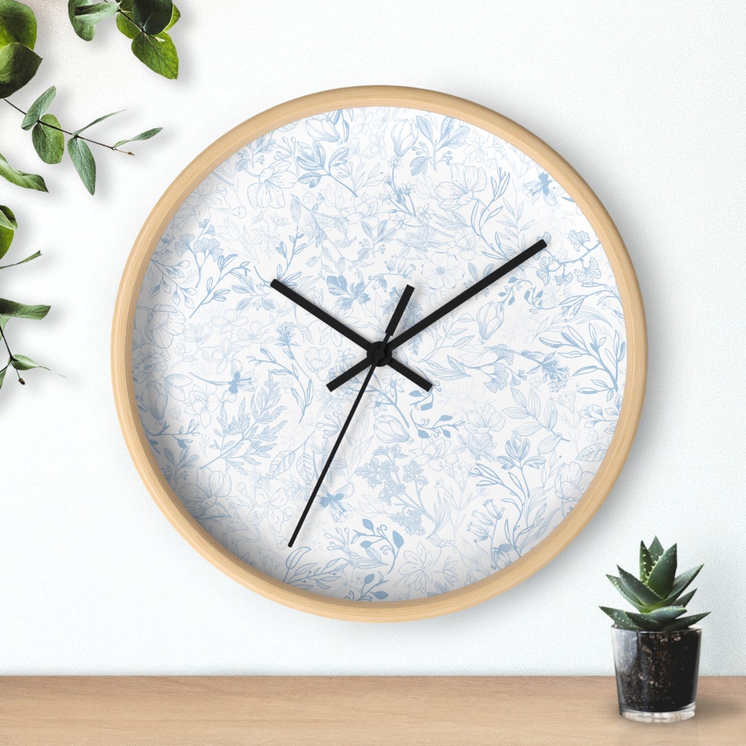 Light Blue White Floral Wall Clock, Chinoiserie Blue Wood Clock, Grand ...