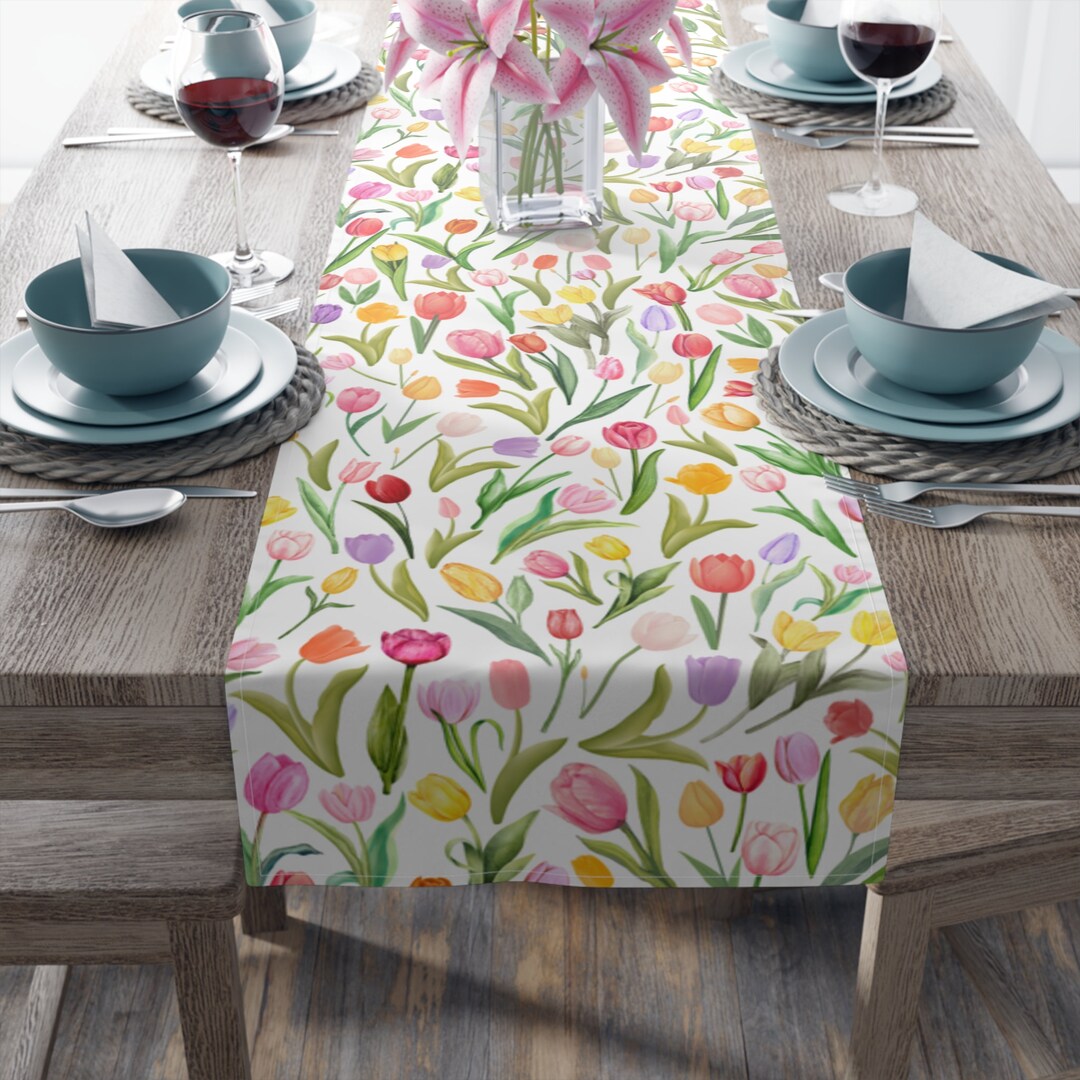Tulip Table Runner, Watercolor Tulips Table Decor, Floral Colorful ...