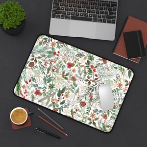 Winter Desk Mat, Christmas Botanical Desk Mat, Winter Desk Decor, Holly ...