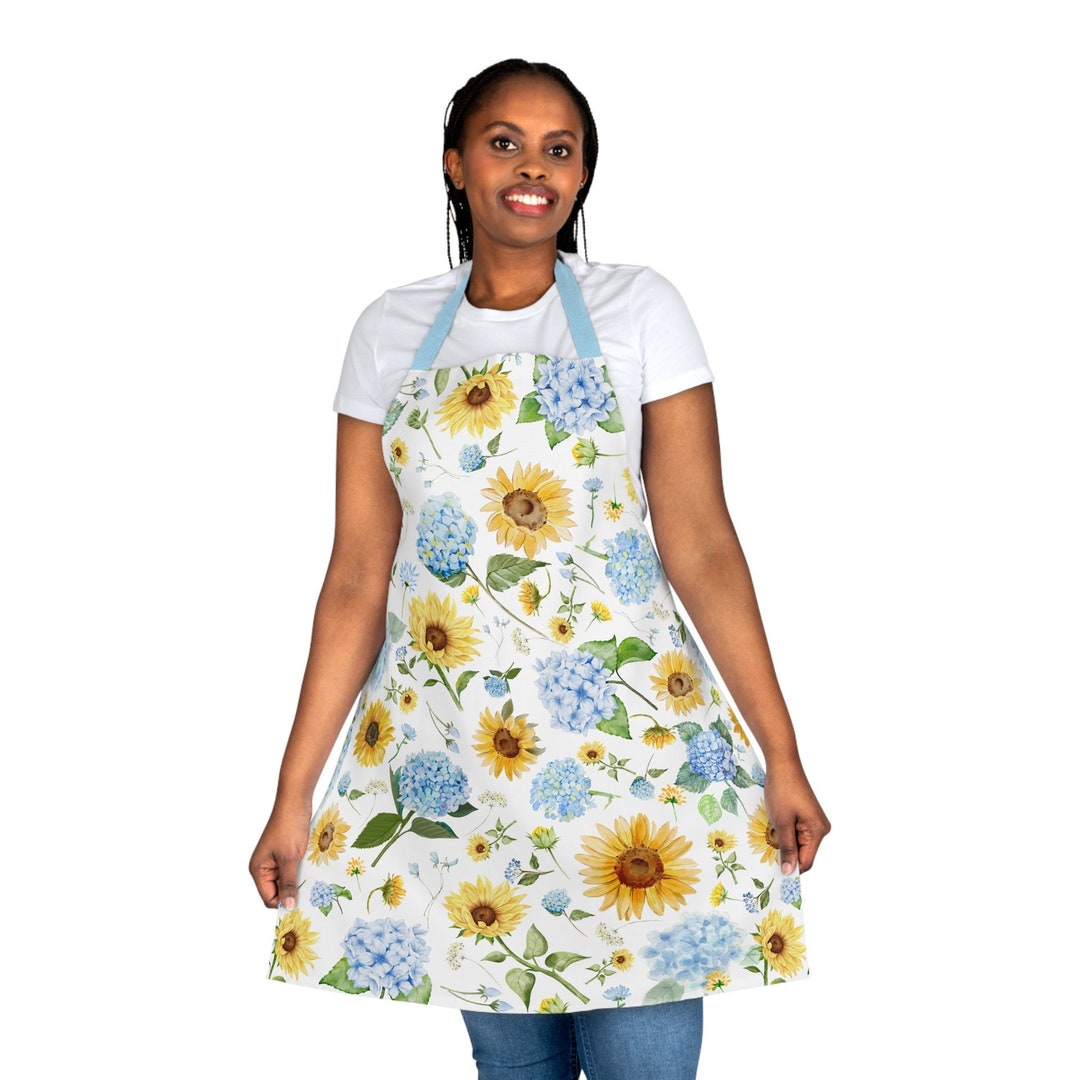 Hydrangea Sunflower Apron, Blue Hydrangea Apron, Summer Floral Apron ...