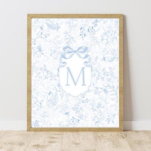 Light Blue Floral Initial Print Customized Blue Chinoiserie Letter Wall ...