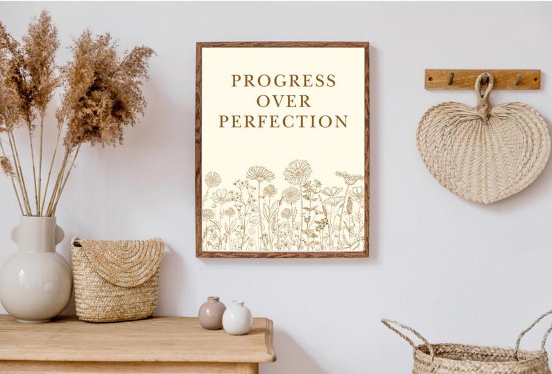 Progress Over Perfection Print, Neutral Boho Floral Quote Wall Art ...