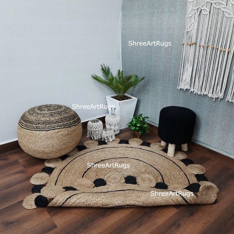 Hand-braided Natural Round Jute Rug Custom Size Jute Round Rug Black ...