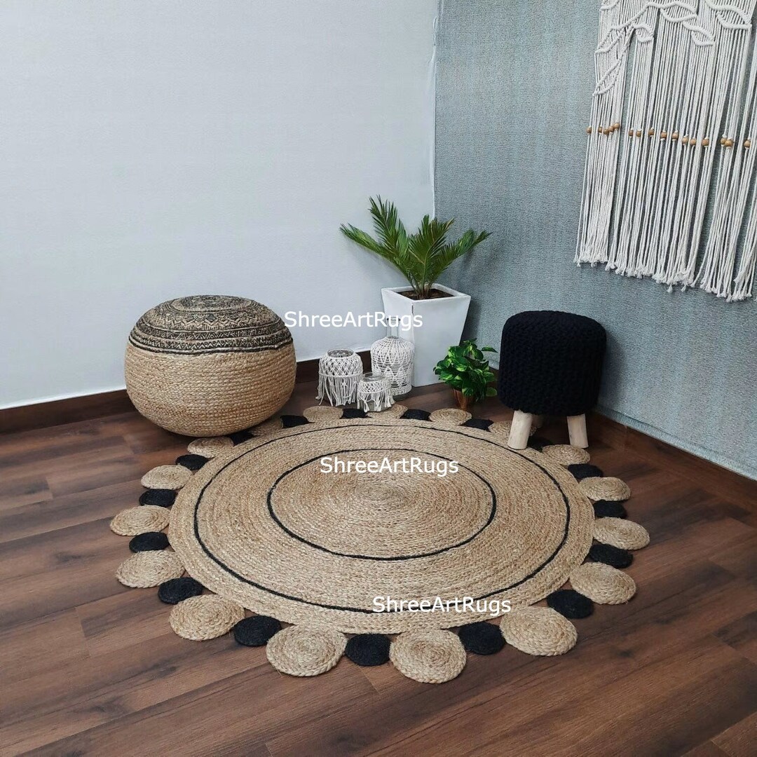 Hand-braided Natural Round Jute Rug Custom Size Jute Round Rug Black ...