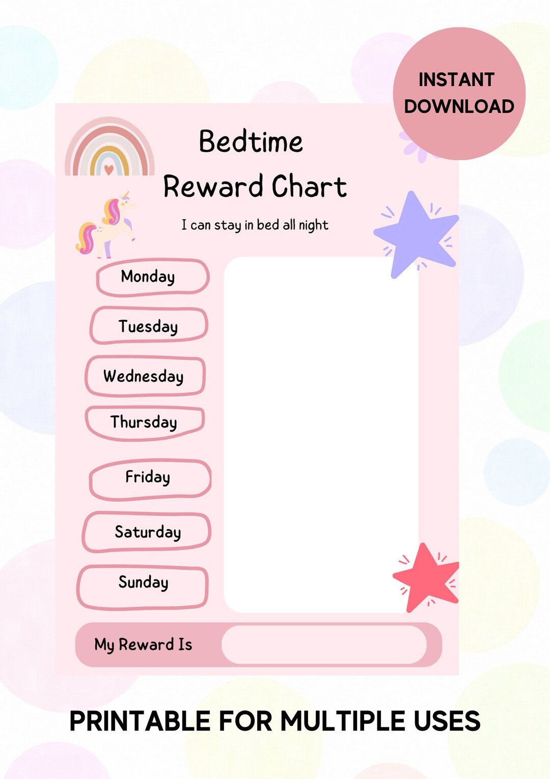 Girls Bedtime Reward Chart Printable Unicorn Bedtime Reward Chart ...