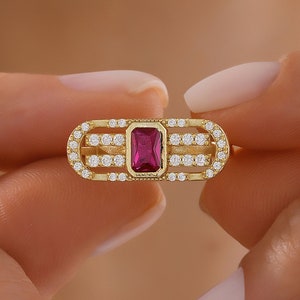 14K Solid Gold Ruby Engagement Ring, Art Deco Red Gemstone Ring, Vintage Anniversary Ring ...