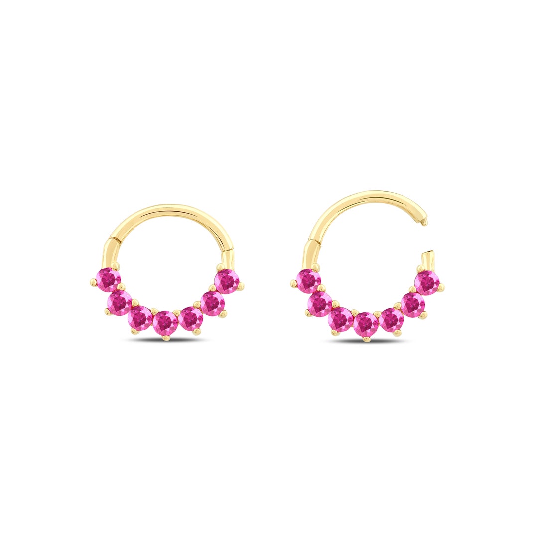 Dainty 7 Round Ruby Cartilage Clicker Earring, 14K Solid Gold Hoop ...