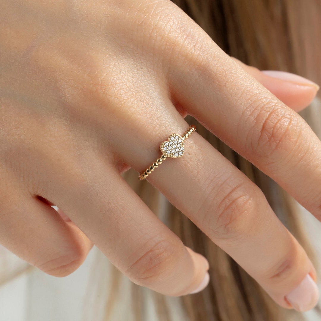 14K Solid Gold Heart Pave Ring, Minimalist Dainty Stackable Ring ...