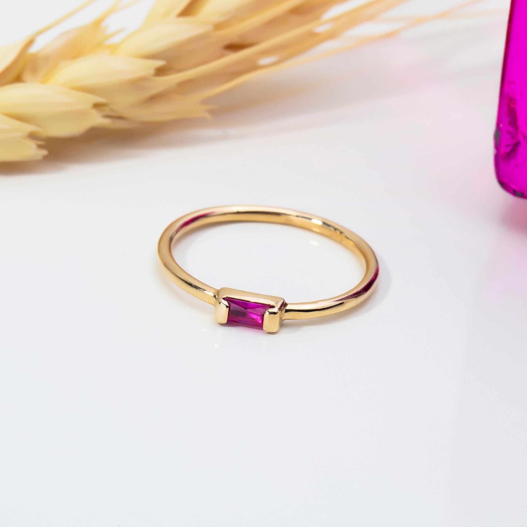 Baguette Ruby Ring 14K Solid Gold Baguette Ruby Ring Dainty - Etsy