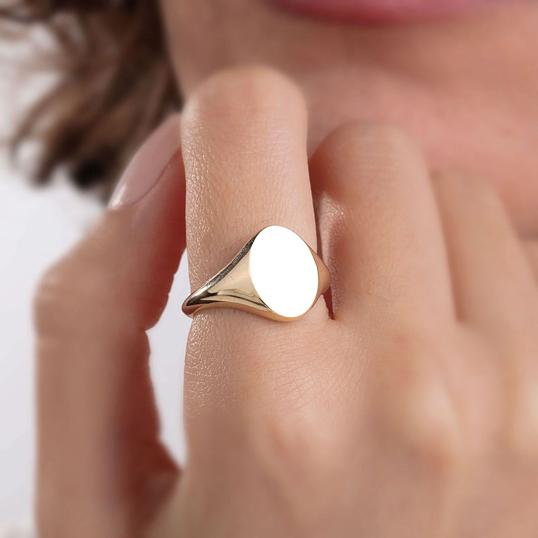 Gold Engraved Signet Ring, 14K Solid Gold Oval Signet Ring ...