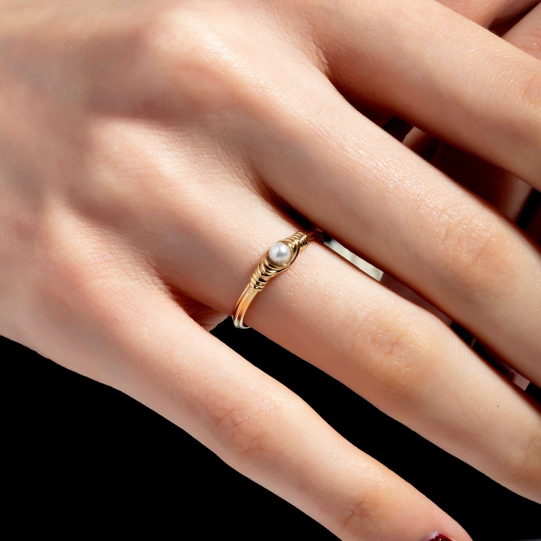 14K Solid Gold Majestic Pearl Ring, Minimalist Dainty Statement Ring ...