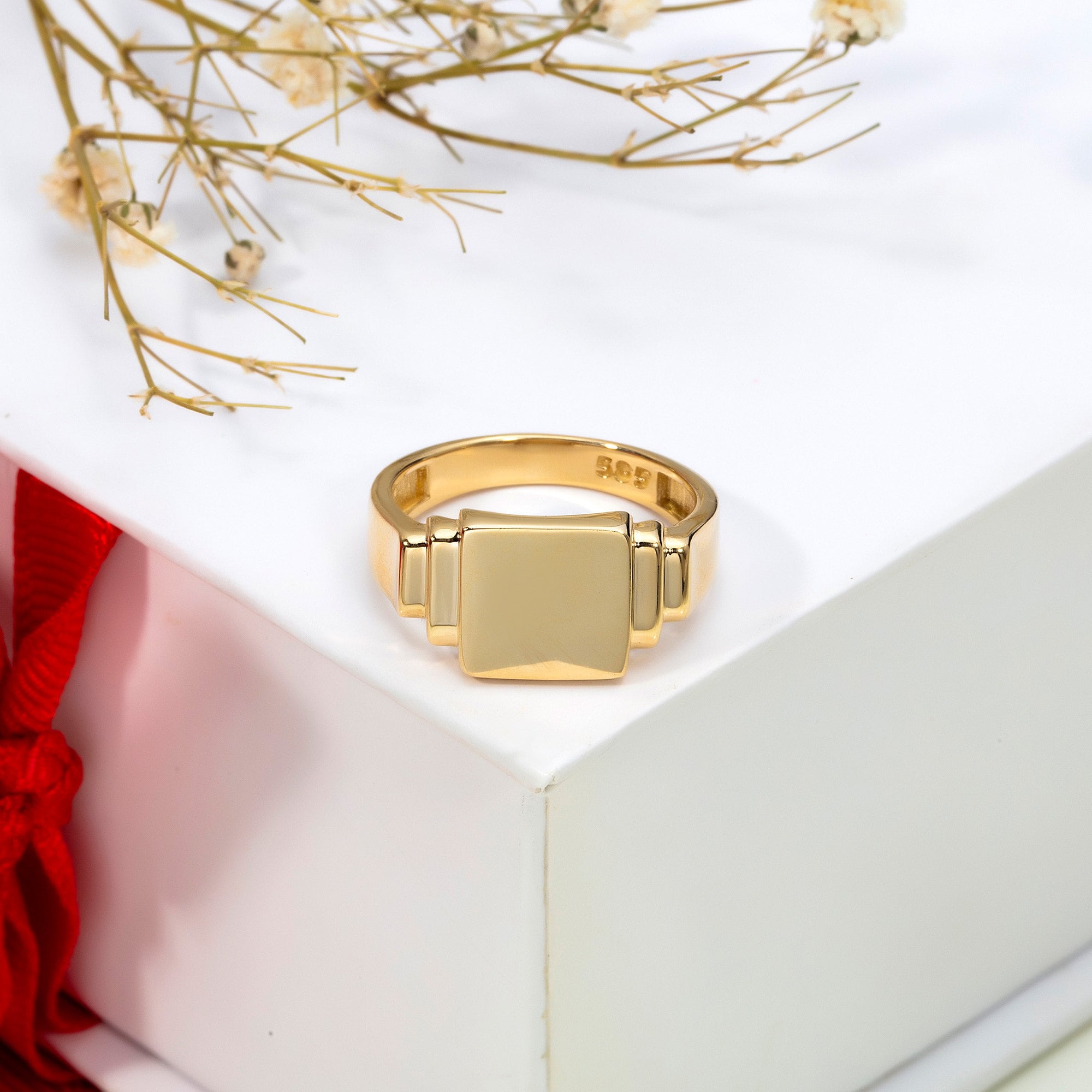 Solid Gold Square Signet Ring 14K Solid Gold Engraved Signet - Etsy