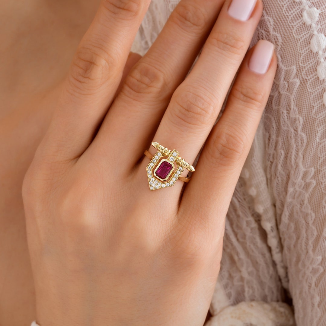 Vintage Ruby Ring , Ruby Art Deco Ring, 14K Solid Gold Ring Women, Dainty Ruby Ring, Handmade ...