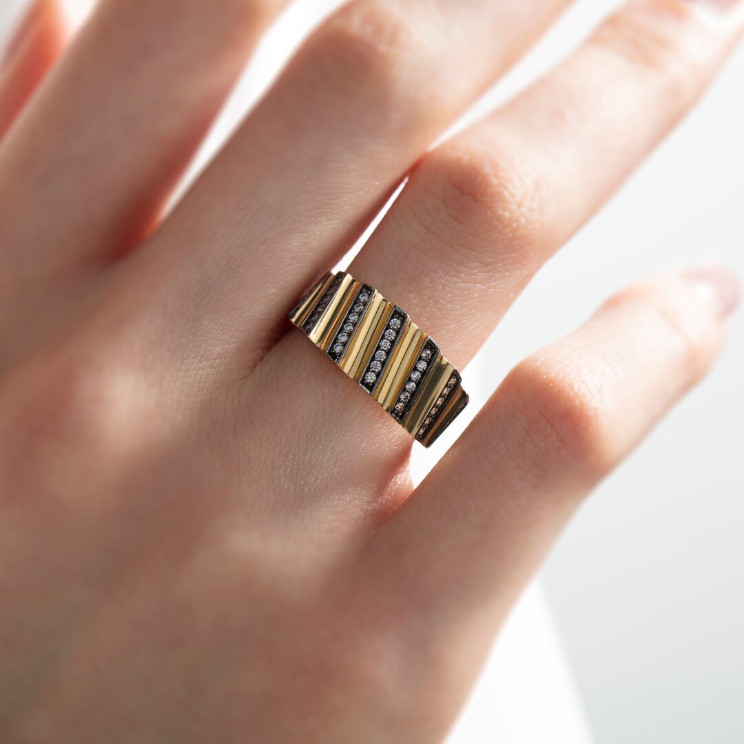14K Solid Gold Ruffles Ring, Dainty Dome Thick Band Ring, Statement ...