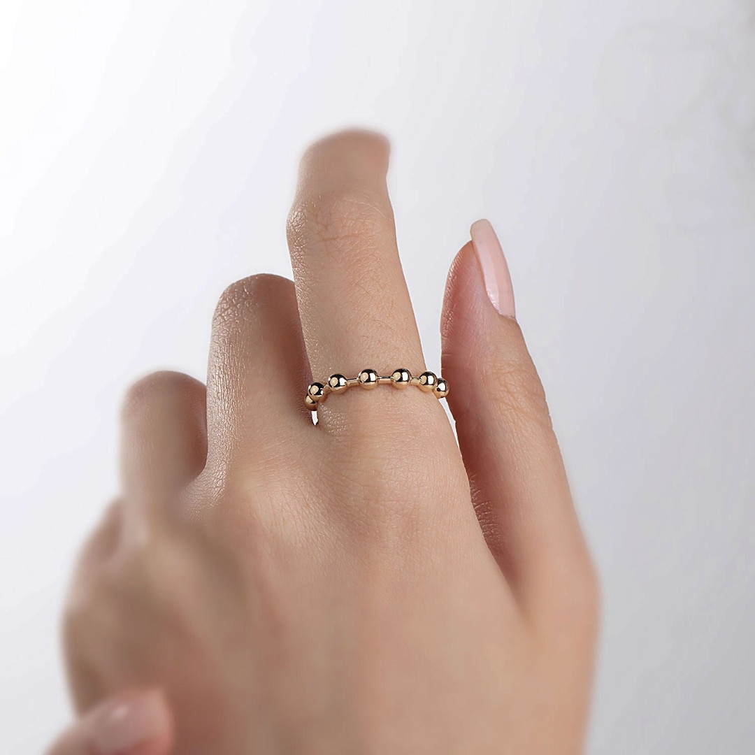 14K Solid Gold Bold Ball Ring, 14K Wedding Ring, Beaded Gold Ring, Dainty Ball Beaded Ring ...