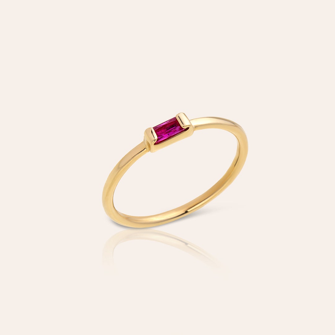 Baguette Ruby Ring, 14K Solid Gold Baguette Ruby Ring, Dainty Baguette ...