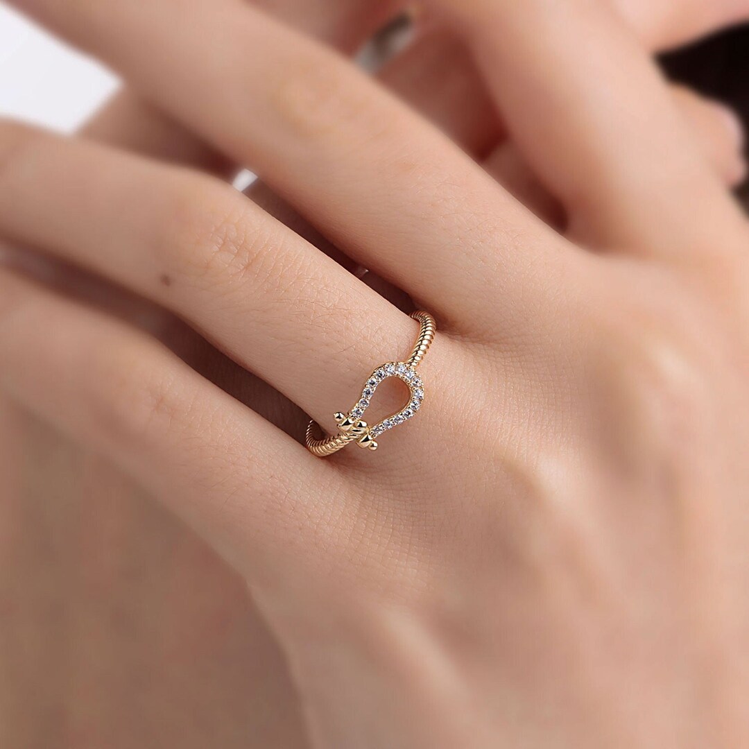 14K Solid Gold Buckle Ring, Pave CZ Stackable Ring, Minimalist Belt ...