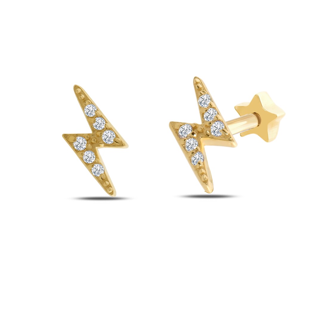 Flash Helix Piercing, 14K Solid Gold Lightning Cartilage Piercing, Gold ...