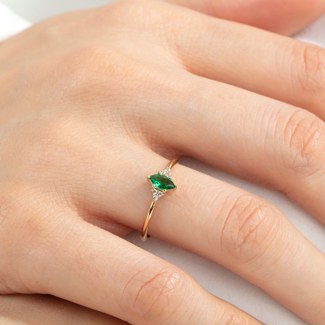 14K Solid Gold Emerald Ring, Emerald Engagement Ring, May Birthstone ...