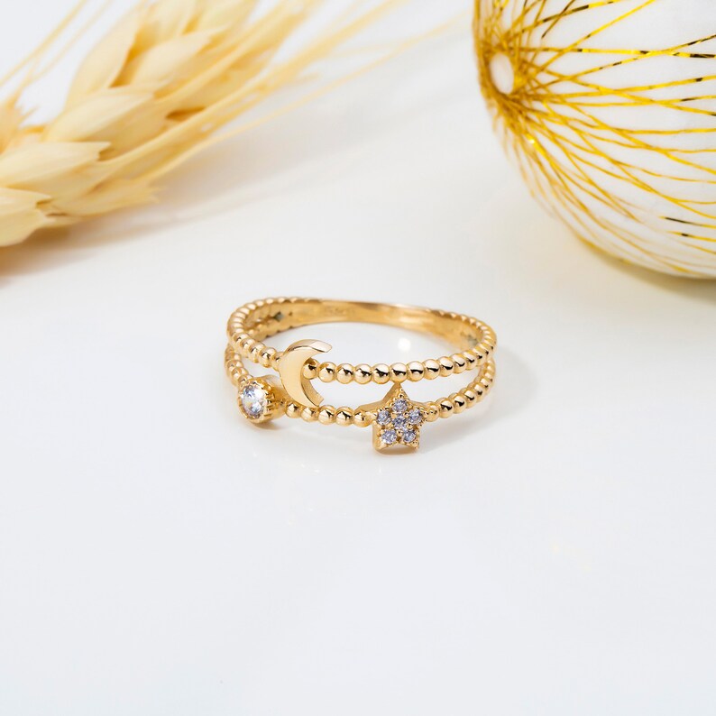 14K Solid Gold Crescent Moon Star Ring Dainty Moon Star - Etsy