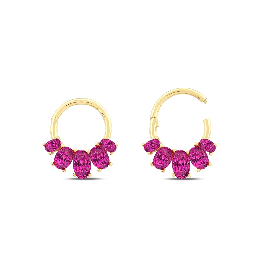 14K Solid Gold Cartilage Hoop, Oval Ruby Hoop Earring, Dainty Nose Ring ...