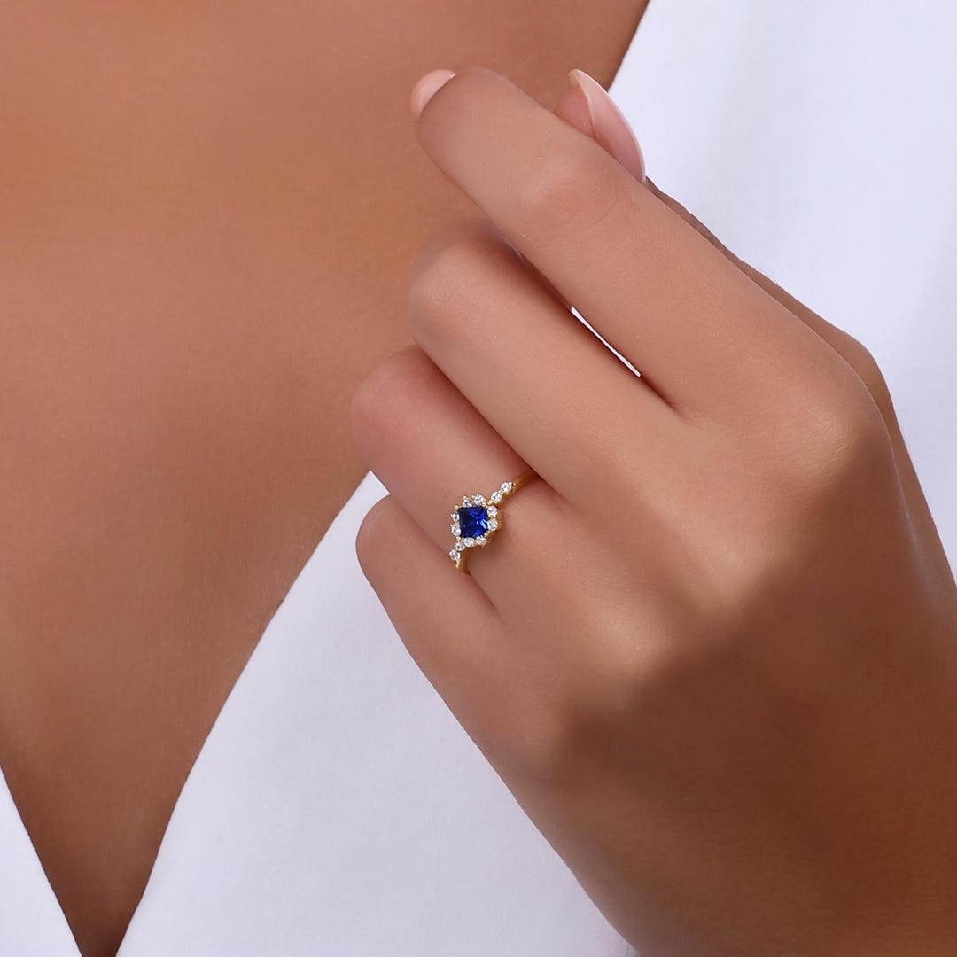 14K Solid Gold Sapphire Ring, Sapphire Gemstone Engagement Ring, Art ...