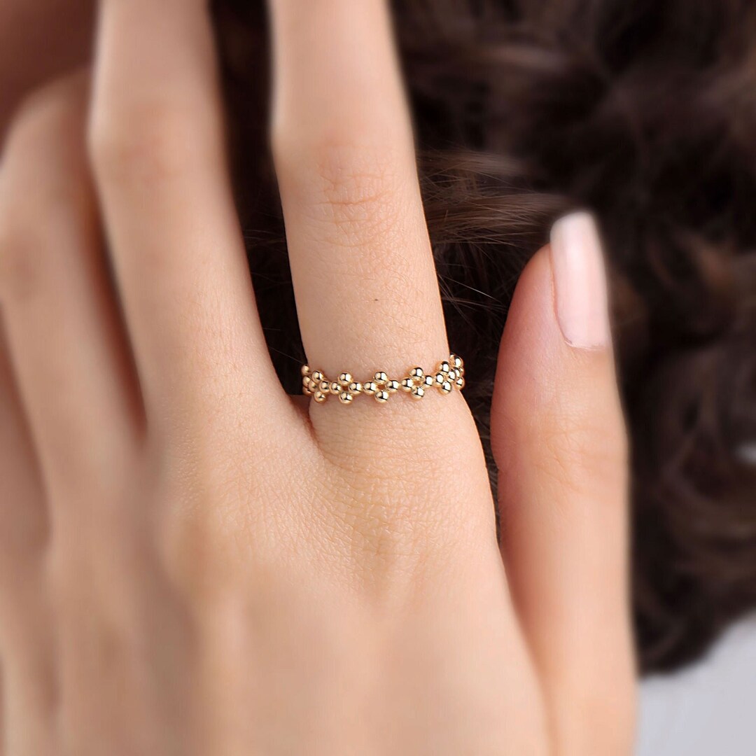 14K Solid Gold Beaded Ring, Multiball Stacking Bead Ring, Gold Ball ...
