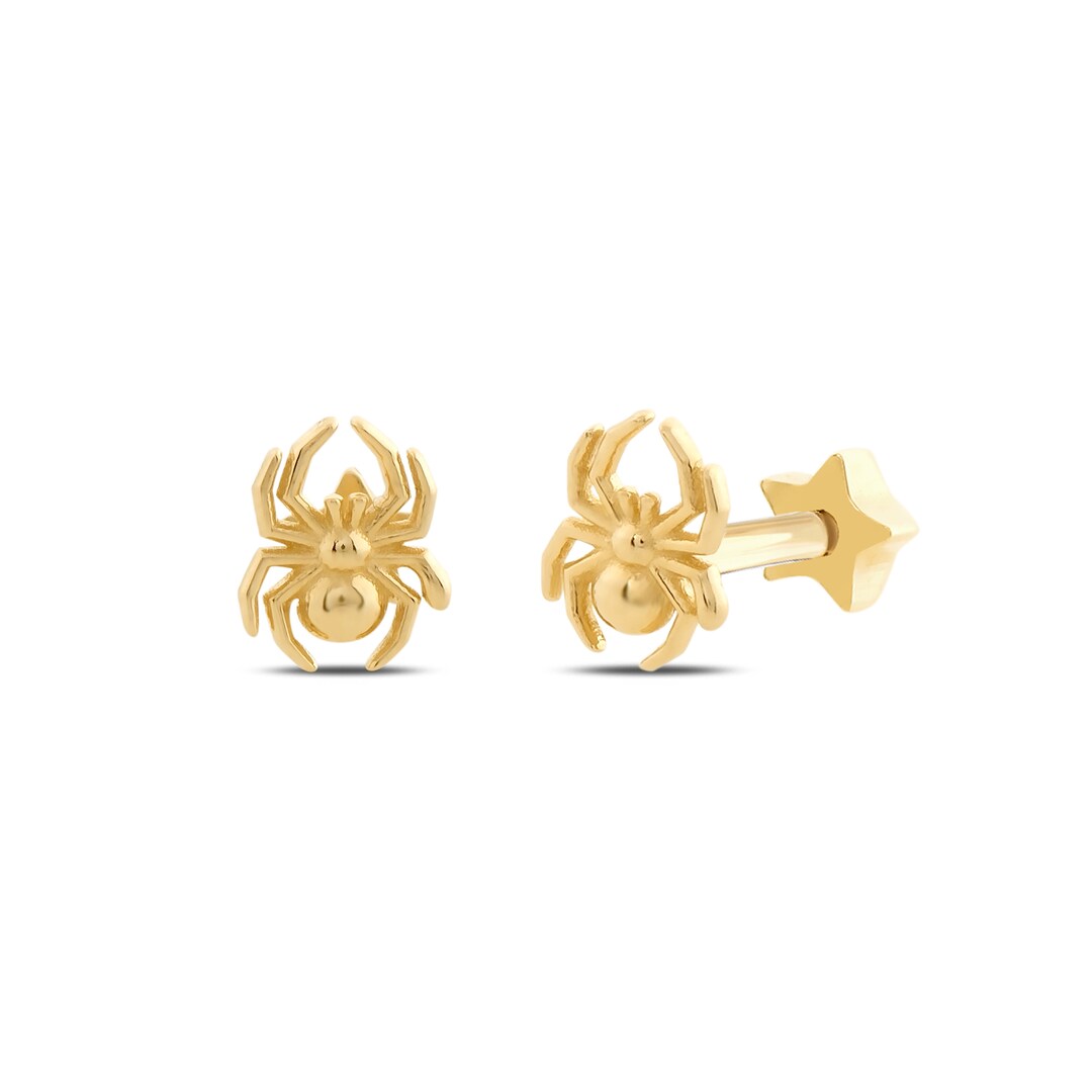 14K Solid Gold Spider Minimal Earring, Tiny Tragus Animal Piercing ...